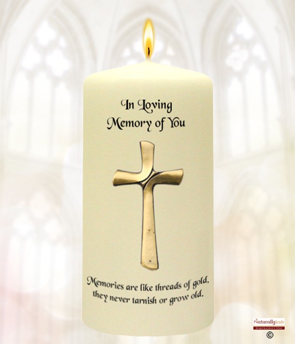 Gold Cross Memorial Candle (white/ivory) » Naturally Irish