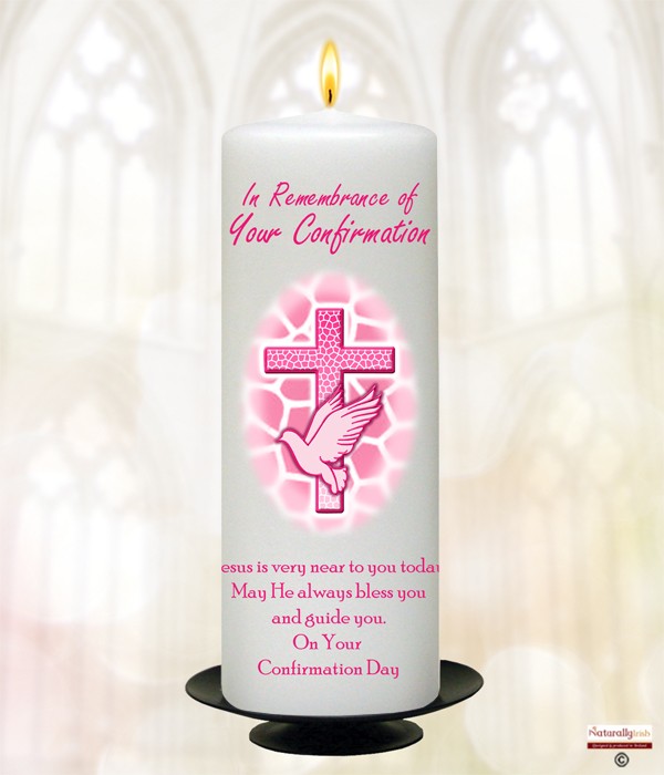 Cross and Dove Pink Confirmation Candle » Naturally Irish