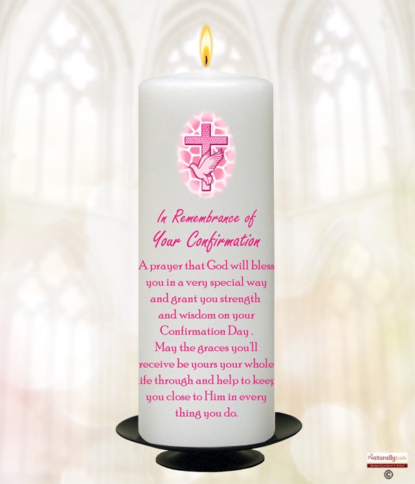 Cross and Dove Pink Confirmation Candle » Naturally Irish