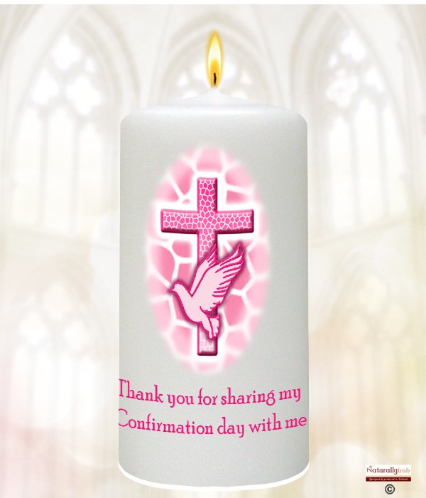 Cross and Dove Pink Confirmation Candle » Naturally Irish