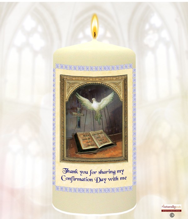 Dove, Bible and Cross Blue Confirmation Candle » Naturally Irish